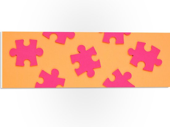 PVC Schuimplaat - Roze Puzzelstukjes op Oranje Achtergrond - 60x20 cm ...