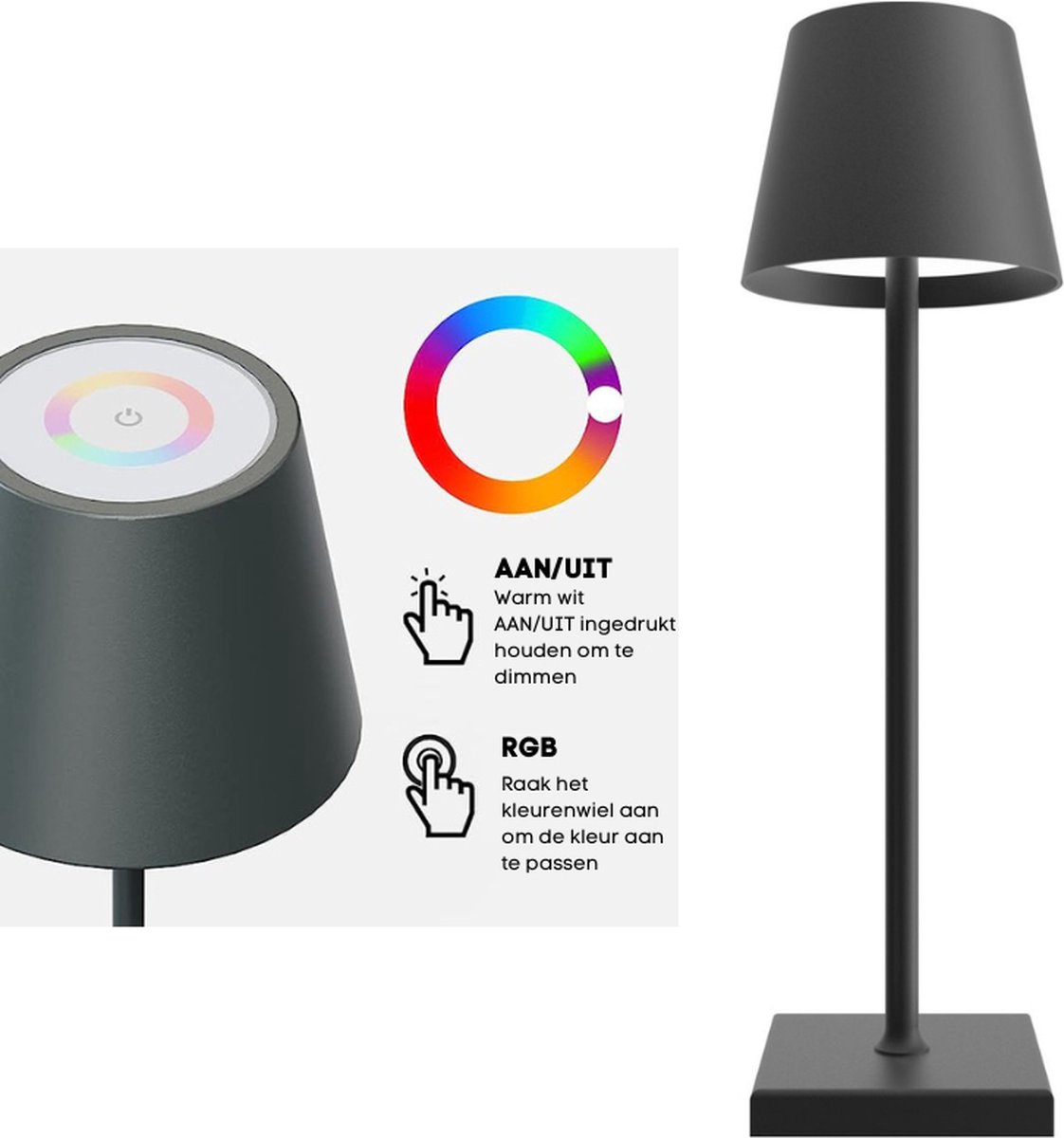 Oplaadbare RGB Tafellamp - Zwart - Oplaadbaar Lampje met RGB ...