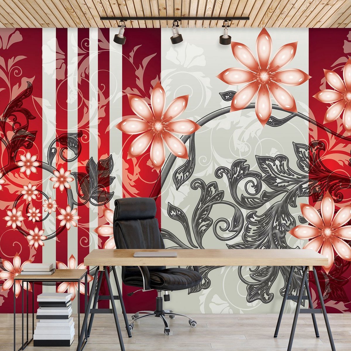 Fotobehang - Vlies Behang - Rood Bloemenpatroon - Kunst - 208 x 146 cm ...