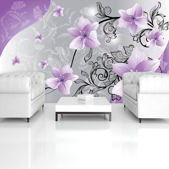 Fotobehang - Vlies Behang - Paarse Bloemen in een Abstract Patroon ...