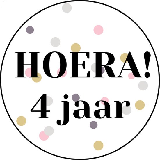 Hoera 4 jaar sticker - verjaardag - sluitzegel - wit - confetti - 4 cm ...