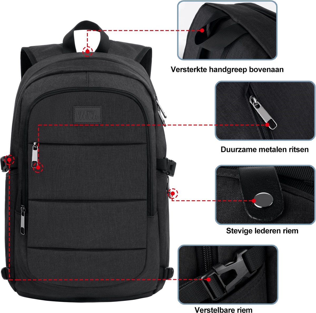 VMCA Rugzak - 15.6 inch - Laptop Rugtas - Zwart | bol.com