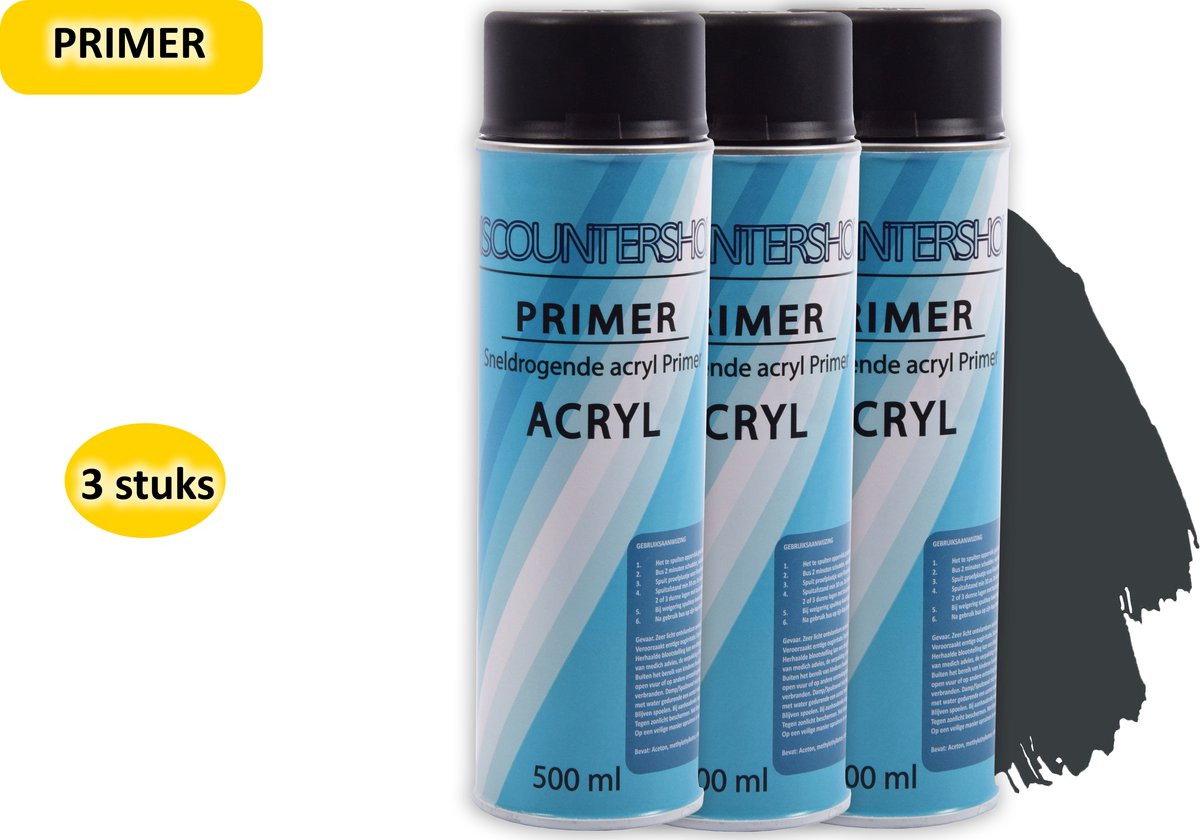 Set van 3 stuks - Professionele Acryl Spuitbus Primer Zwart 500 ML ...