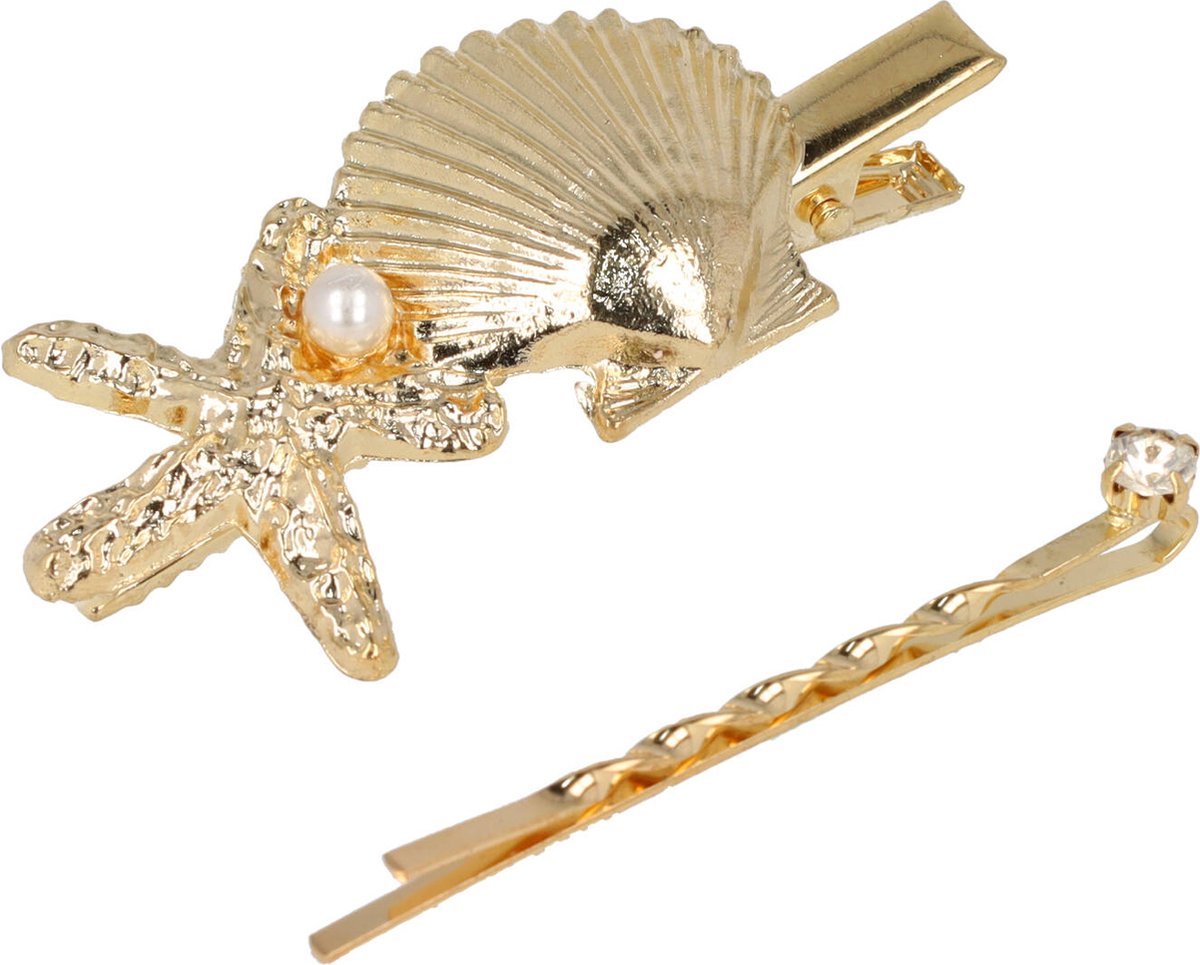 Haarspeld Duckklem + Schuifspeldje Schelp Vorm Parel Strass Goud ...