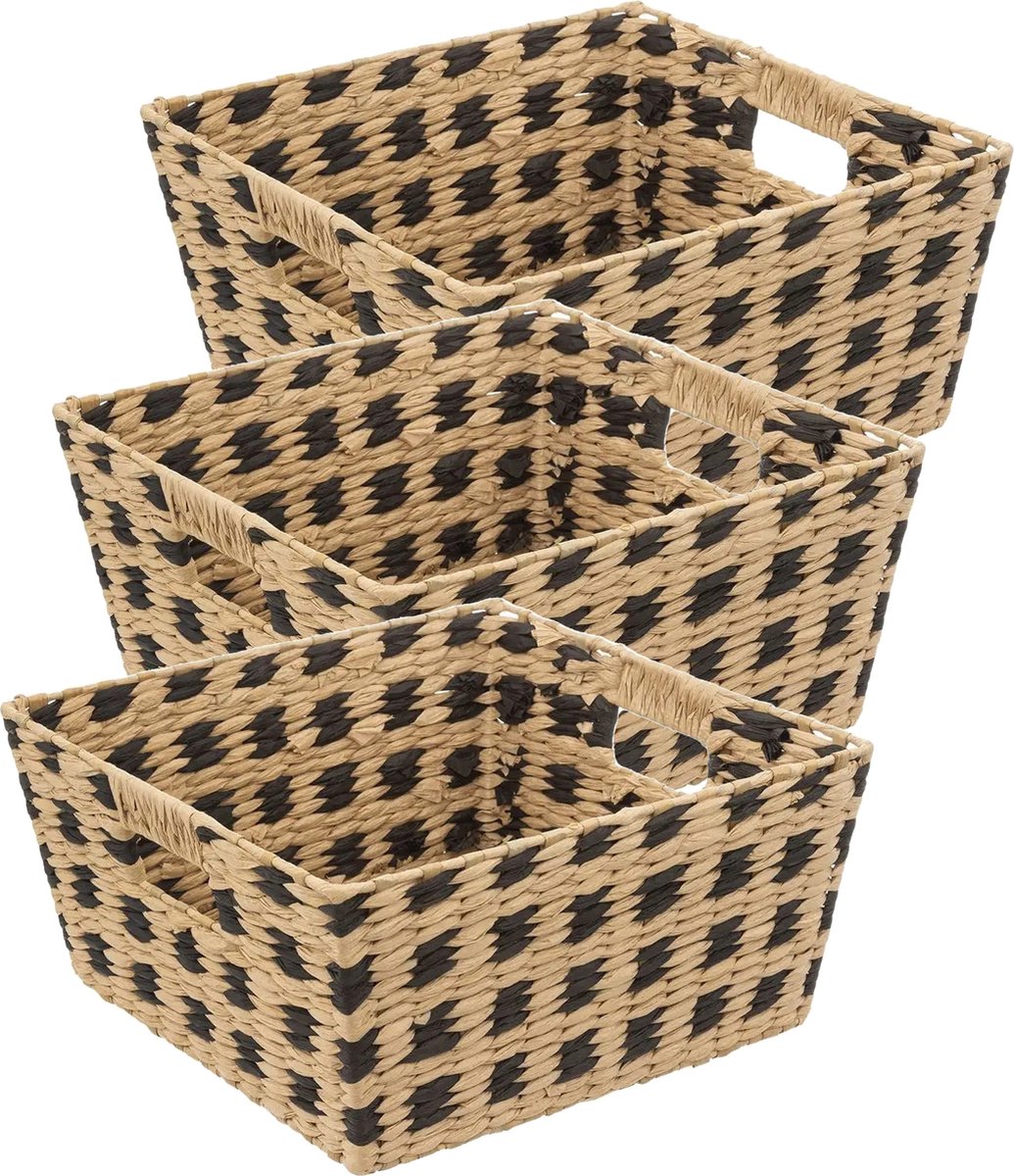 Gevlochten rieten opbergmand beige/zwart 31 x 31 x 15 cm - 3x - Kast-/badkamer mandjes | bol.com