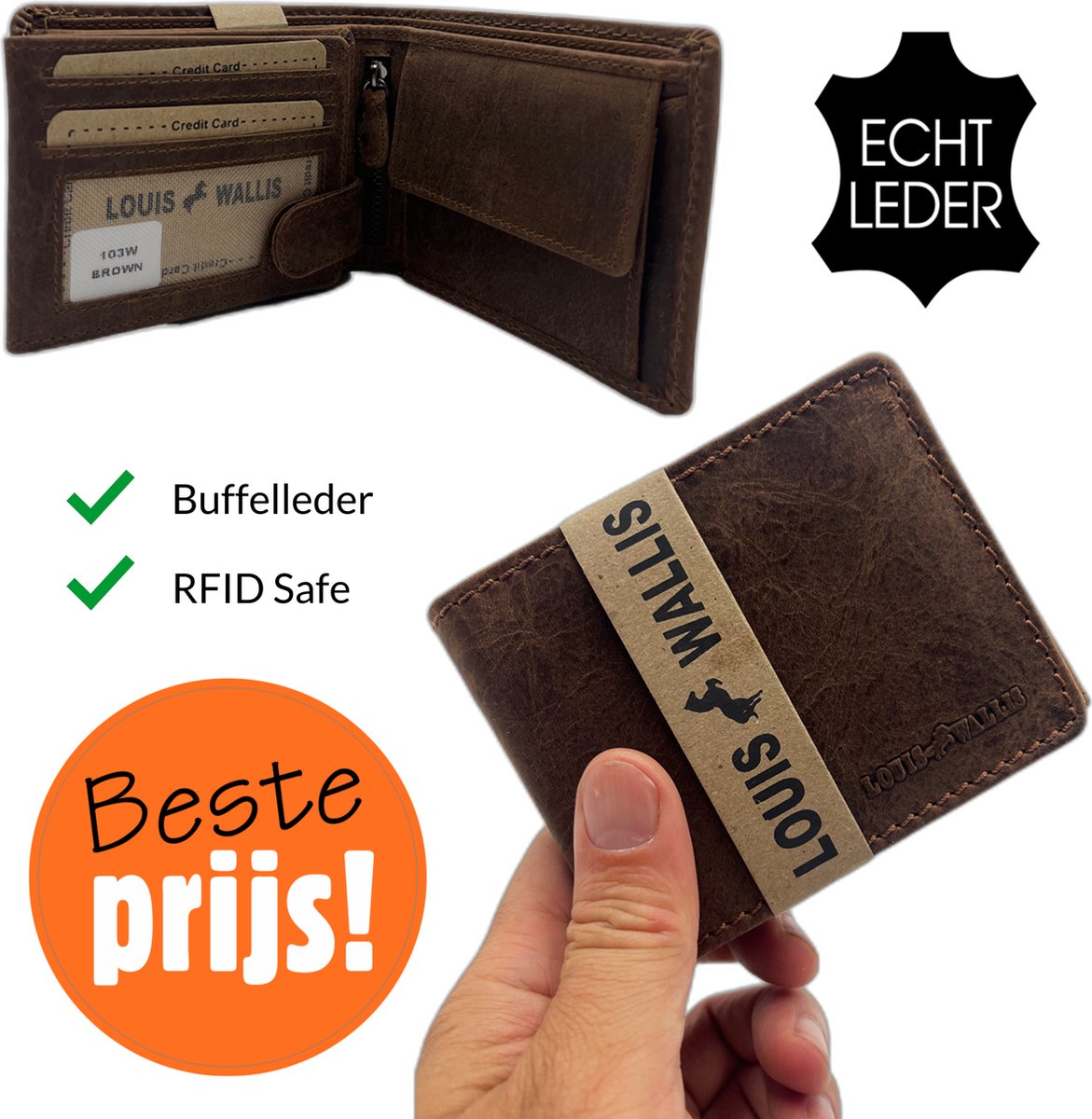 Louis Wallis Heren Portemonnee Leer, Luxe Kwaliteit Buffelleer, Bruin ...