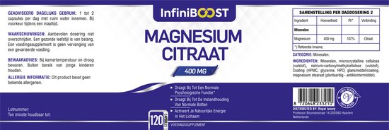 Infiniboost® Magnesium 400 mg Citraat Voedingssupplement - 120 Capsules ...