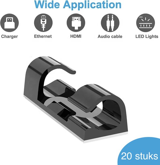 Kabelclips - 20 Stuks - Kabelhouder - Zwart - Zelfklevend - Kabelbinder - Kabel... | bol