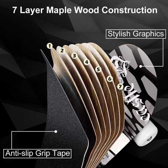 Non-slip compleet concaaf skateboard met 7-laags dubbele kick PU-wielen ...