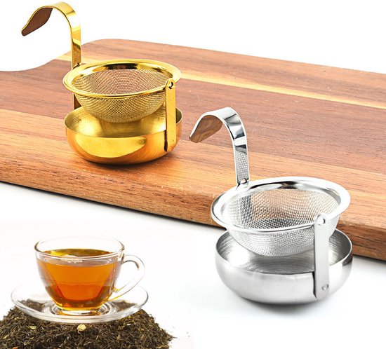 Theezeef met handvat en lekbakje - 2 stuks - Theezeefje voor losse thee ...