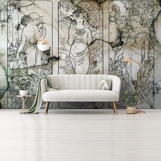Fotobehang - Vlies Behang - Art Nouveau Vrouwen - Kunst - Line Art - 416 x 254 cm | bol