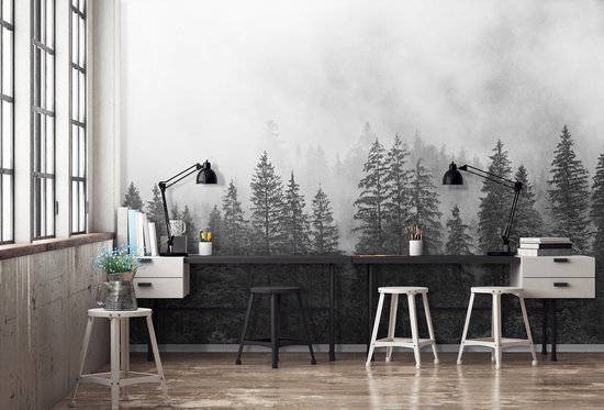 Fotobehang - Vlies Behang - Bos in de Mist - Dennenbos - 416 x 254 cm | bol