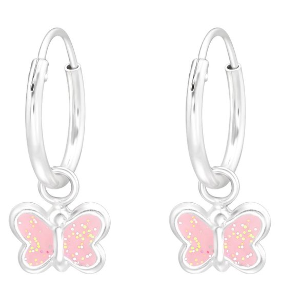 Joy|S - Zilveren vlinder bedel oorbellen - oorringen - roze met glitter - kinderoorbellen | bol