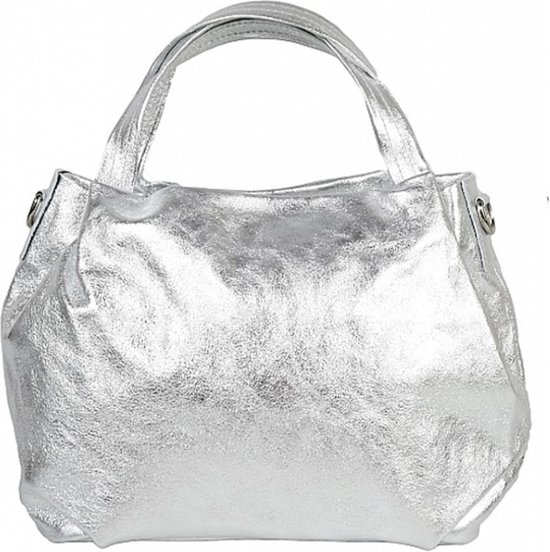 Zilveren Metallic Leren Handtas Noa - Metallic Zilveren Schoudertassen - Goud Beslag -... | bol