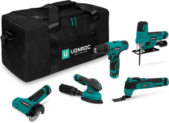 VONROC Gereedschap set 12V - Incl. 5 machines, 5 accu’s en toolbag | bol