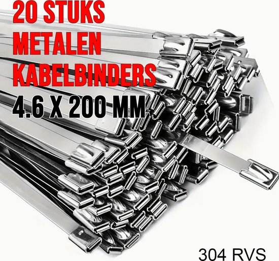 Allernieuwste.nl® 20 STUKS RVS 304 Metalen Kabelbinders 4.6 x 200 mm ...