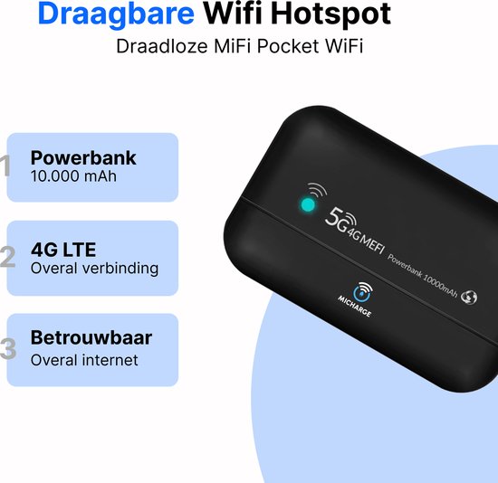 MiCharge PW100 MiFi 4G WiFi Hotspot - 10000mAh Powerbank - Type-C USB | bol