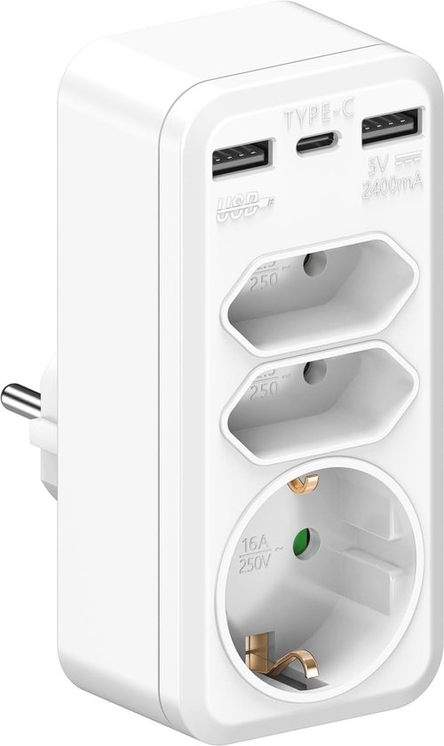 6-in-1 Meervoudig Stopcontact met USB - Adapter voor Europese ...