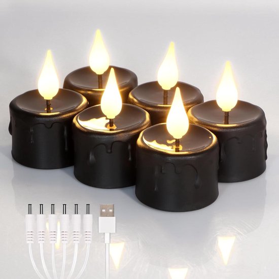Gezellige LED-Kaarsen - 6 stuks zwarte led-theelichtjes met timer 6 uur ...