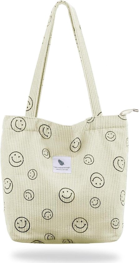 Grote Corduroy Schoudertas met Ritssluiting en Brede Riem - Smiley ...