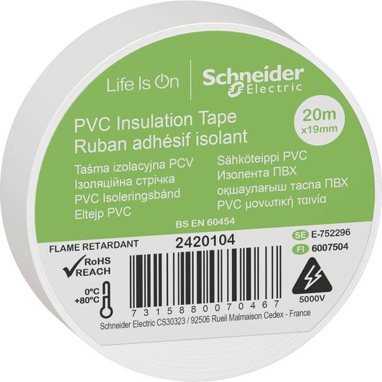 Schneider Electric 2420104 Isolatietape Wit (l x b) 20 m x 19 mm 8 stuk(s) | bol