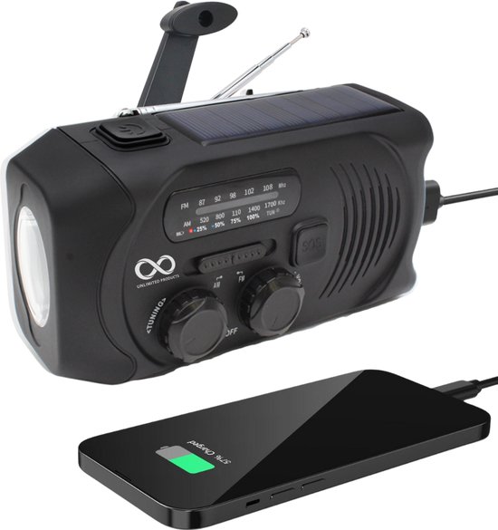 Noodradio - Solar - Opwindbaar - Zwart -Powerbank zonneenergie ...