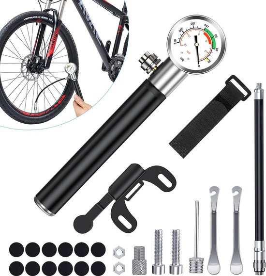 Fietspomp met drukmeter - Mini fietspomp - 210 psi - Luchtpomp met manometer -... | bol