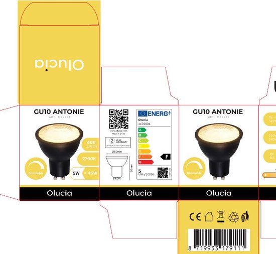 Olucia - Dimbare zwarte GU10 LED lamp Antonie, 5W, 2700K - Vorm: Rond | bol