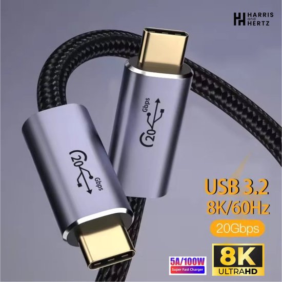 Harris and Hertz - USB C kabel met E-marker - 5A/100W - 2 Meter ...
