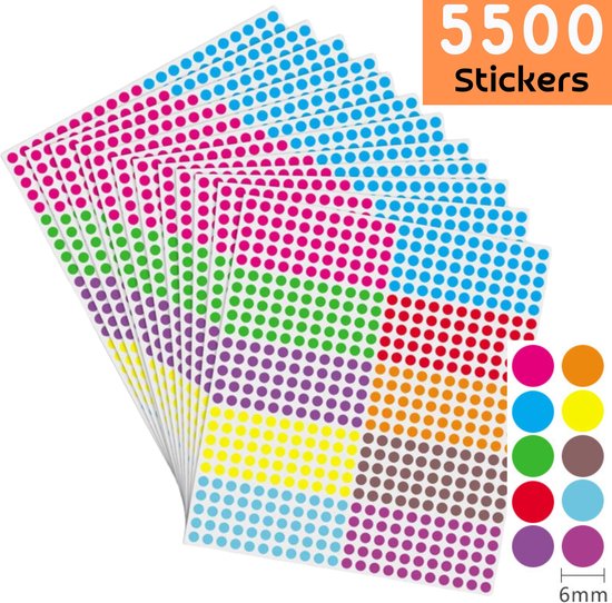 Stippen Stickervellen - 5500 Ronde Stickers 6MM - 10 kleuren Mini ...