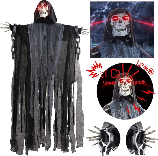 Halloween decoratie 5ft Grim Reaper Skull Life Size Skeleton LED Light ...