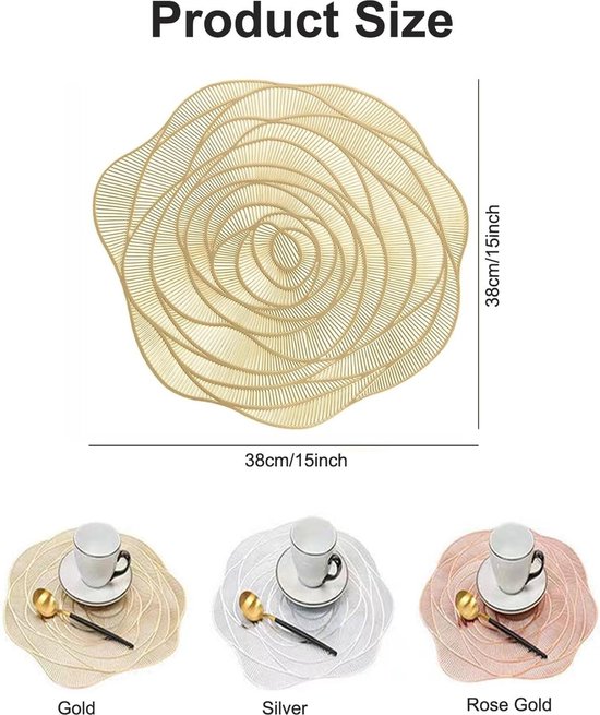 Ronde gouden placemats - Set van 6 - 35 cm - Roze bloem ...