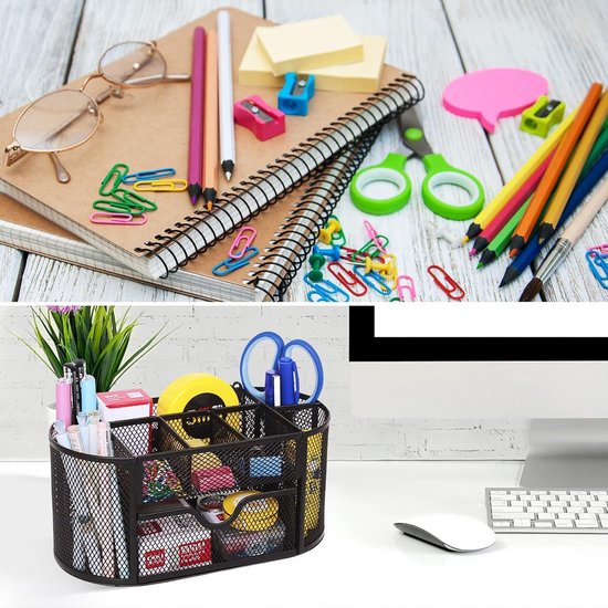 Desk Organiser Black Metal Net with Pull-Out Drawer - 9 Compartments ...