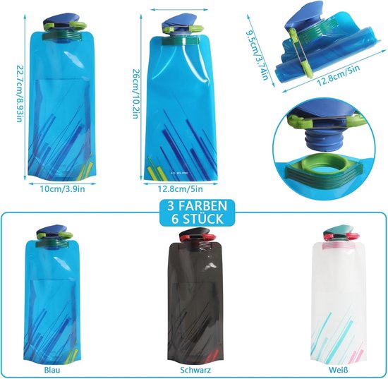 6 Opvouwbare Waterflessen 700 ml - Herbruikbare Flexibele Drinkflessen ...