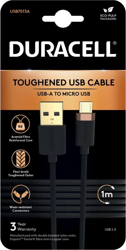 Duracell Toughened Kevlar MFi USB-A naar Micro-USB Kabel 1 Meter 2.4A ...
