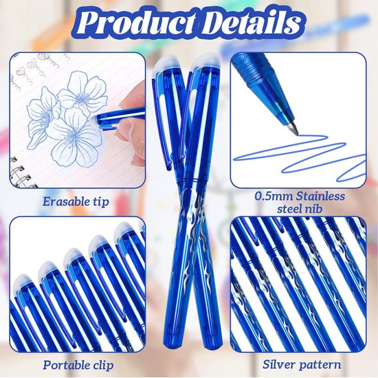 12 Stuks Blauwe Uitwisbare Pennen, 0.5mm Uitgumbare Pennen voor ...