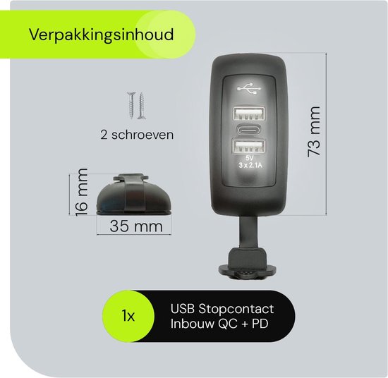 ProRide 12V USB C Autolader 3 Poorten Opbouw - 2x USB A + USB C ...