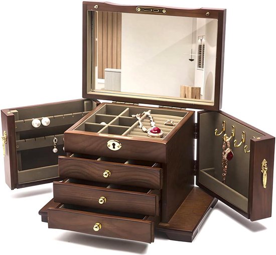 Vintage Jewelry Box Wood with Lock and Mirror - 3 Drawers - Large ...