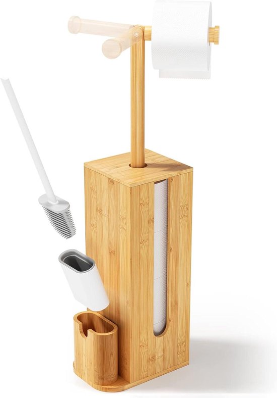 Staande wc-rolhouder en toiletborstel set van bamboe - 3-in-1 wc ...