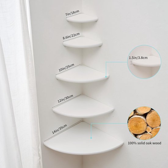 Hoekplank van massief eikenhout, wit, ronde wandplank, houten kleine ...