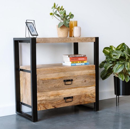 Mangohout - Nachtkastje - Bijzettafel - kastje 2 lades Industrieel ...