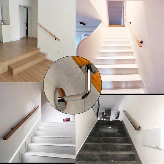 100 cm houten trapleuning met roestvrijstalen houder en eindstuk ...