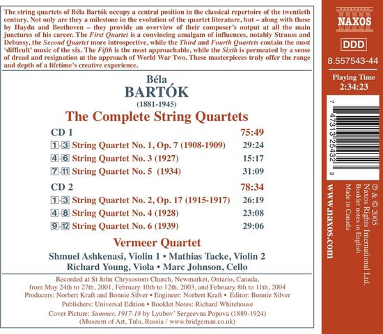 Bartok: String Quartets (compl, Vermeer Quartet | CD (album) | Muziek | bol.com