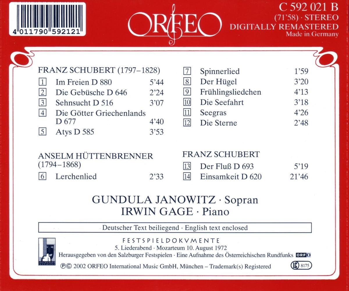 Gundula Janowitz & Irwin Gage - Schubert/Hüttenbrenner: Lieder (CD ...