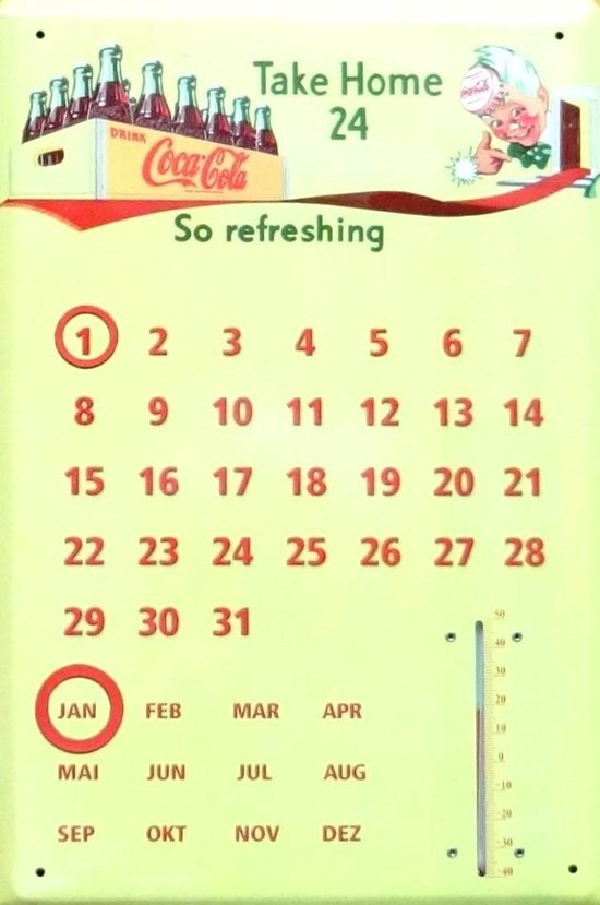 Coca Cola Eeuwigdurende metalen kalender met thermometer 20x30cm | bol.com