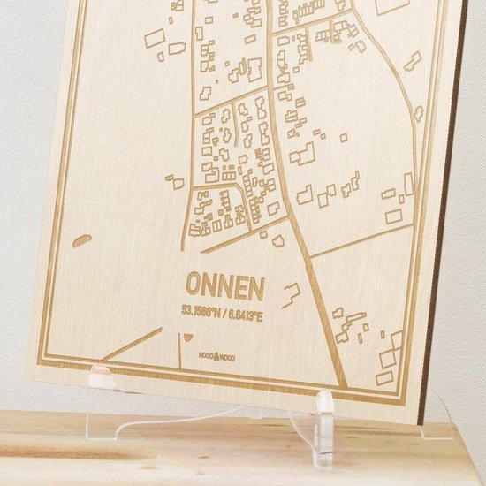 Kaart Onnen - Gegraveerde stadskaart Hood&Wood - Hout, A4 | bol.com