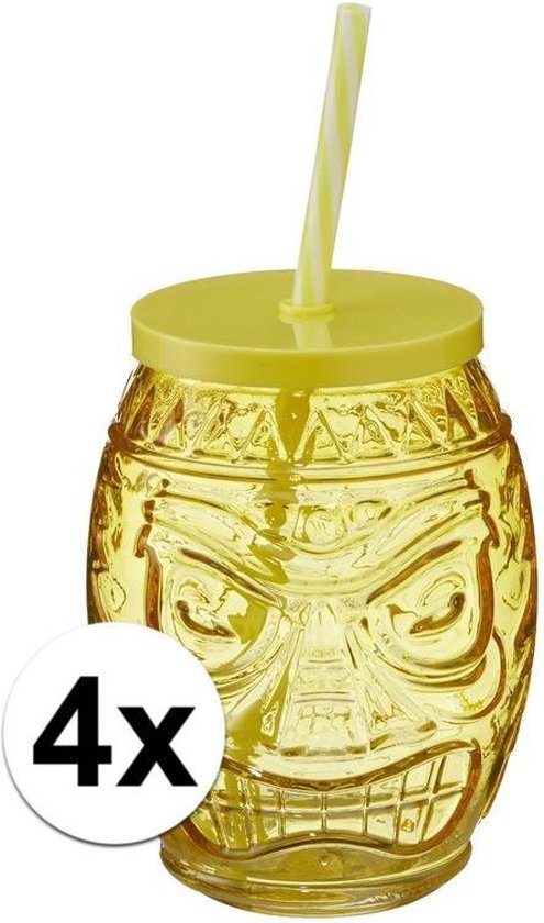 4x Tiki Glazen Drinkpotje drinkglas Met Deksel 550 Ml Geel Bol 4x-tiki-glazen-drinkpotje-drinkglas-met-deksel-550-ml-geel-bol
