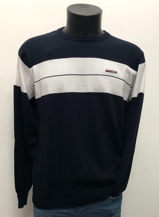 Heren Trui met ronde hals in navy met witte balk maat M | bol.com