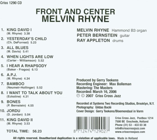Front & Center, Melvin Trio Rhyne | CD (album) | Muziek | bol.com
