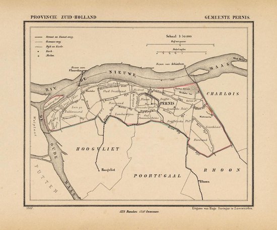 Historische kaart, plattegrond van gemeente Pernis in Zuid Holland uit ...